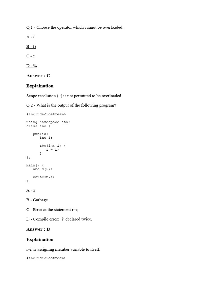 C++ Questions | PDF | Namespace | Computer Programming C++ Questions | PDF | Namespace | Computer Programming