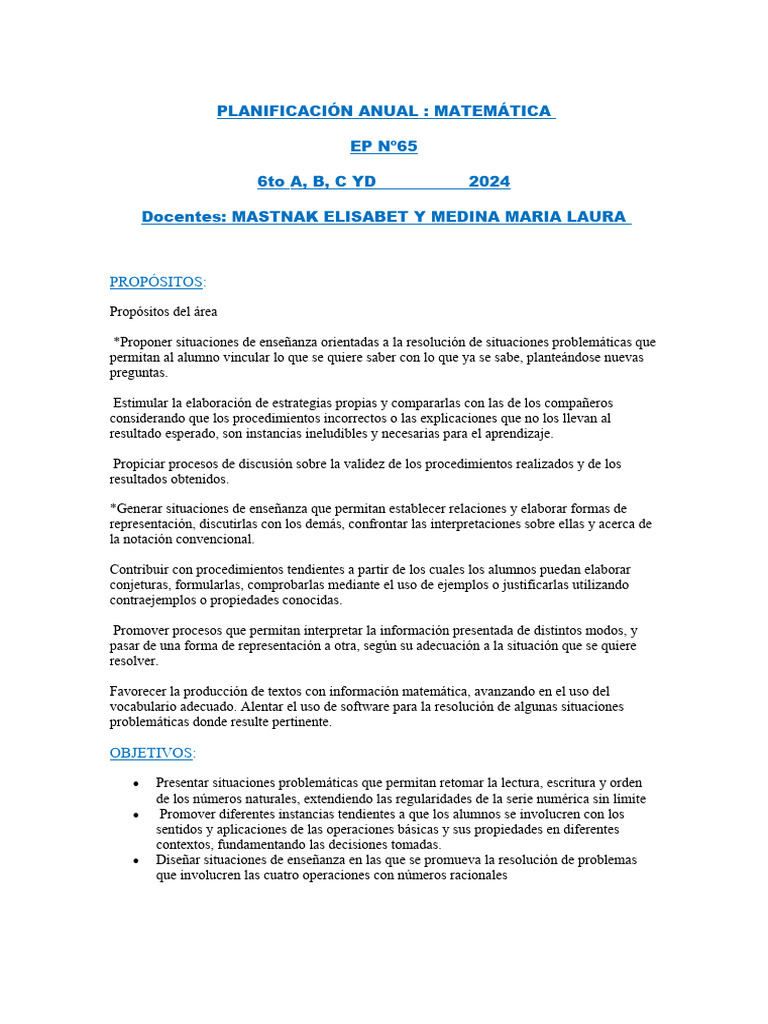 PlanificaciÓn Anual Matematica Sexto 2024docx Pdf División 4735