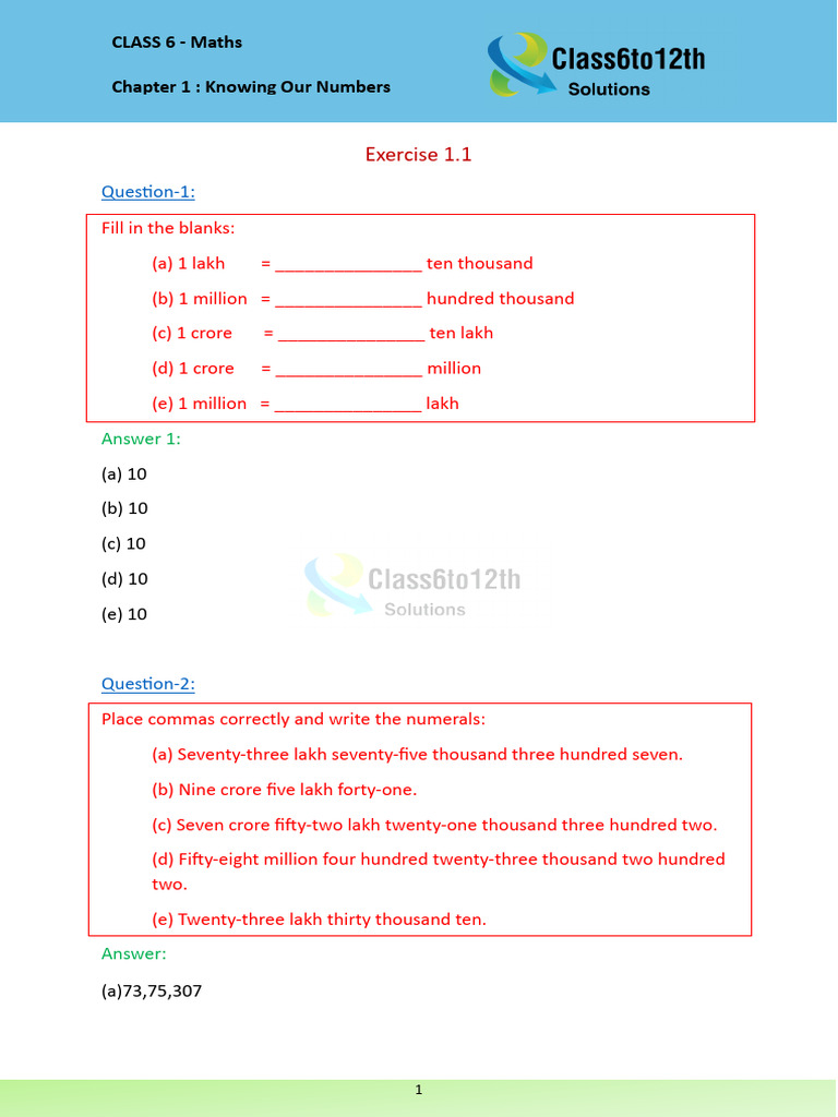 KSEEB Class 6 Maths Solutions Chapter 1 | PDF