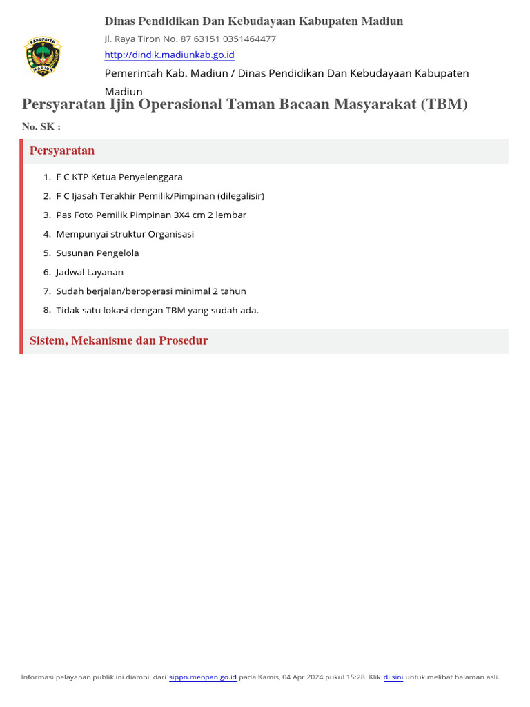 Unduh Standar Pelayanan - Persyaratan Ijin Operasional Taman Bacaan Masyarakat (TBM) | PDF
