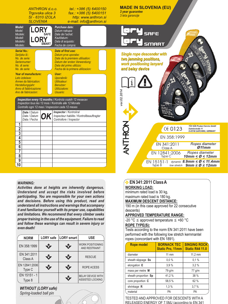 LORY Descender EN 12841:2006 Overview | PDF | Rope