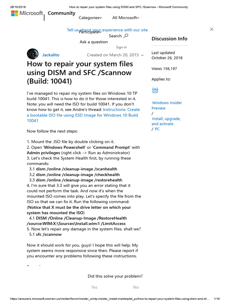 How To Repair Your System Files Using DISM and SFC - Scannow - Microsoft Community | PDF ...