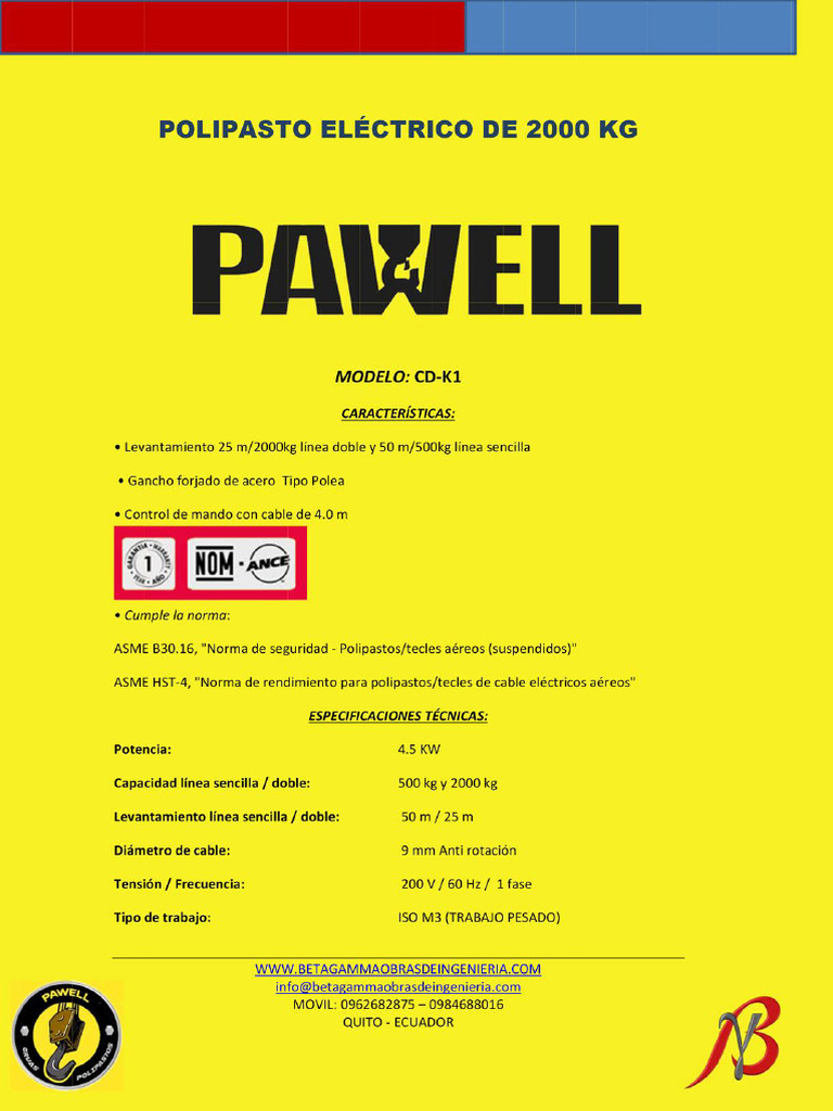 Data Sheet Electric Hoist Pawell 2TN | PDF