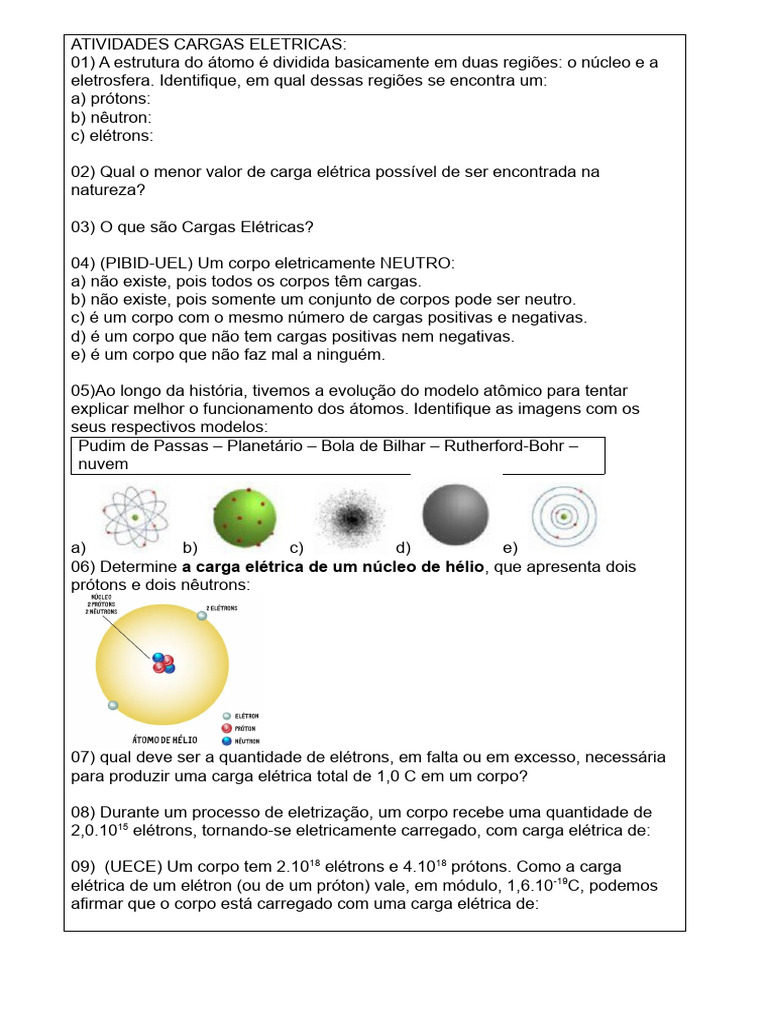 ATIVIDADES CARGAS ELETRICAS | PDF | Carga elétrica | Próton