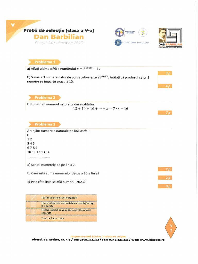 Subiecte Concurs Dan Barbilian Selectie Clasa A V A | PDF