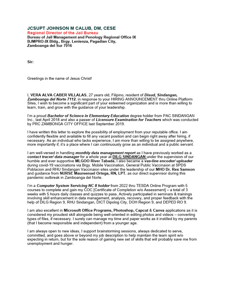 BJMP Intent Letter Sample | PDF