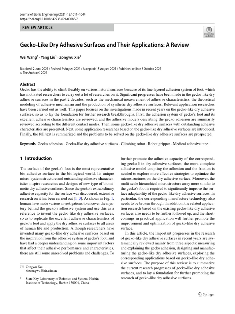 Gecko Like Dry Adhesive Surfaces and Their Applications: A Review | PDF ...