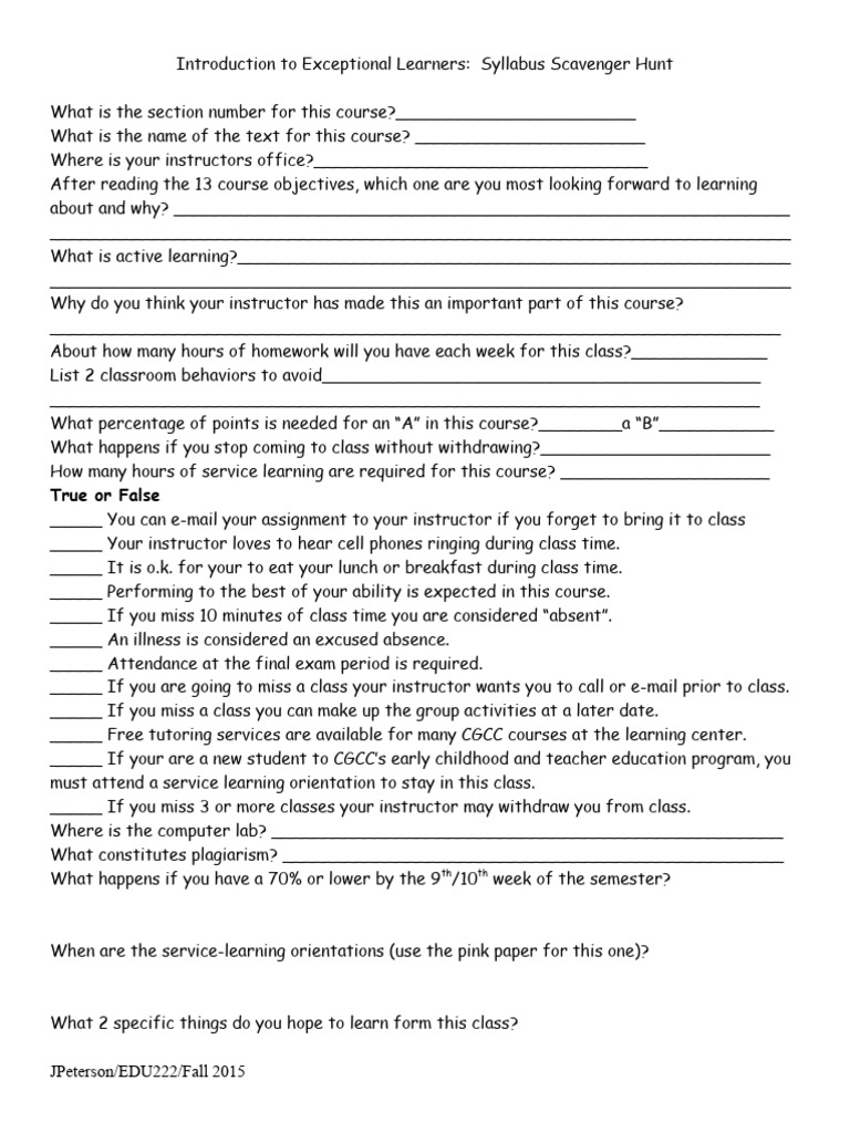 Scavenger Hunt For Syllabus | PDF | Teachers | Service Learning