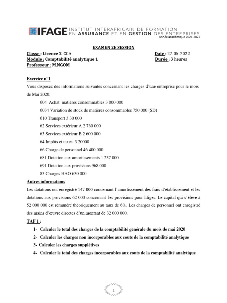 Examen Compta Ana 2sess | PDF | Dépréciation | Comptabilité