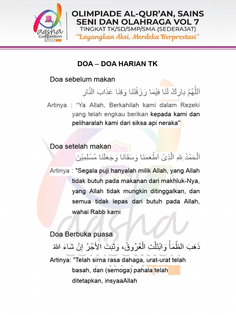 Teks Doa TK Aqsha 2023 | PDF