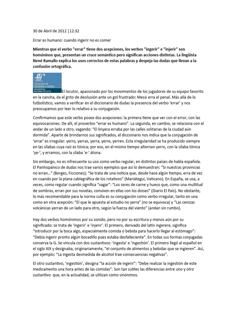 Errar Es Humano Cuando Ingerir No Es Comer | PDF | Verbo | Lengua española