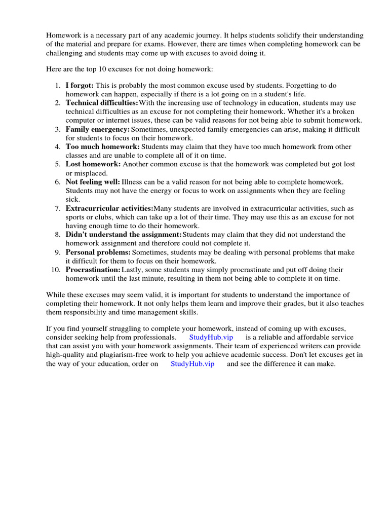 Top 10 Excuses For Not Doing Homework | PDF | Homework | Teachers