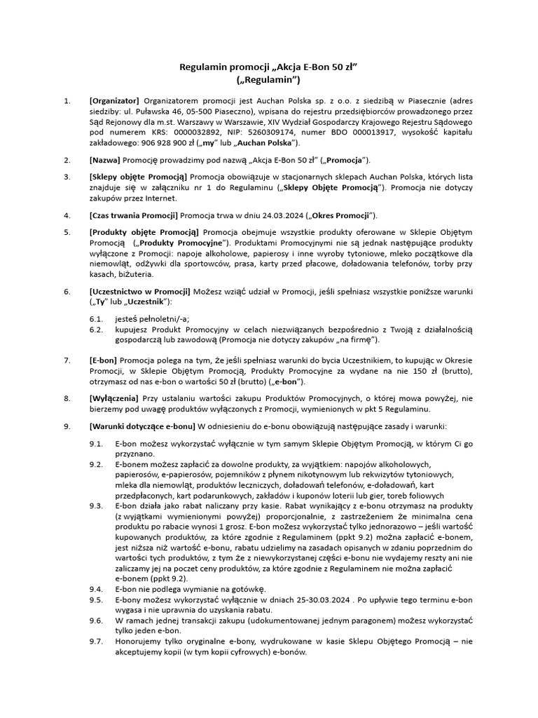 Auchan - Regulamin Promocji e Bon - 50 ZL Za 150 ZL | PDF