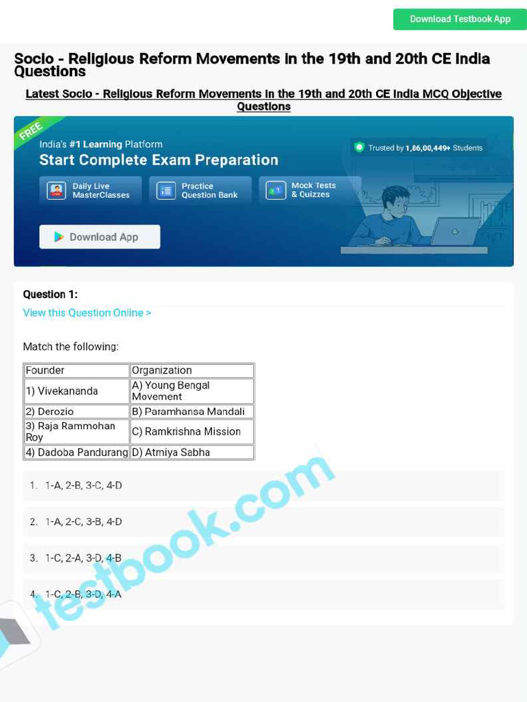 MCQ On Socio Religious Reform Movements in The 19th and ...
