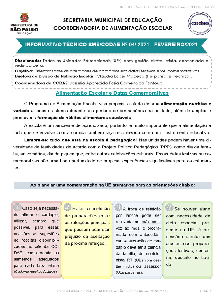 Informativo Técnico SME CODAE 04.2021 Orientar Sobre Alterações de ...