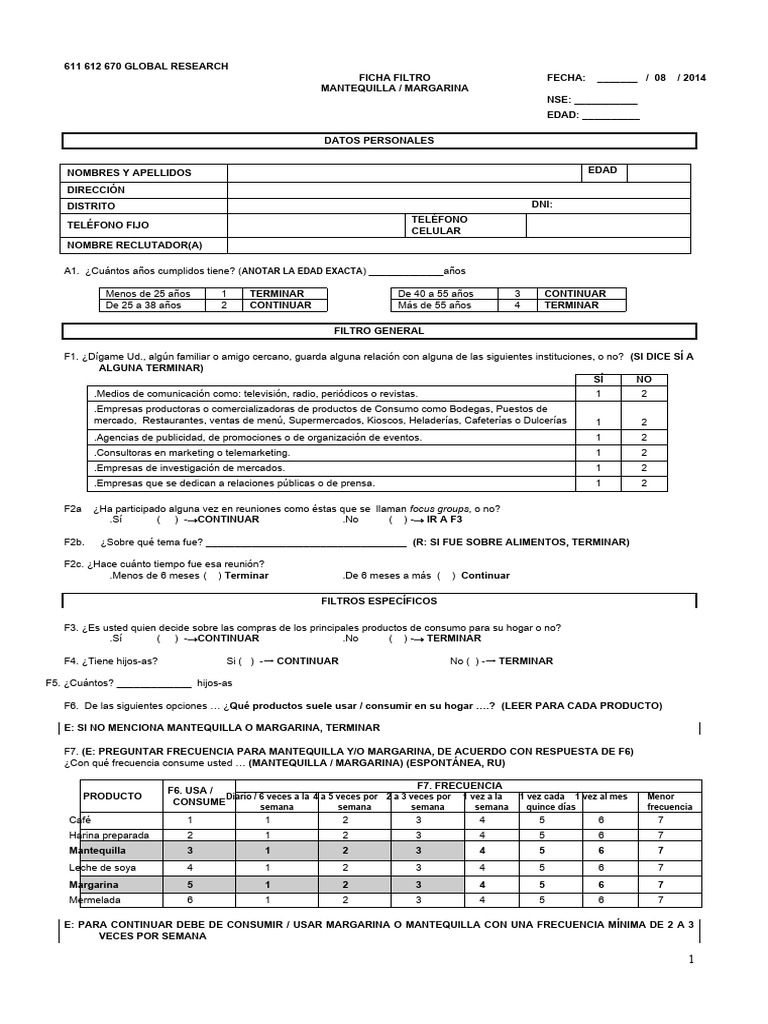 U3.C. - Ejemplo de Ficha de Reclutamiento o Ficha Filtro (FG) | PDF | Mantequilla | Margarina