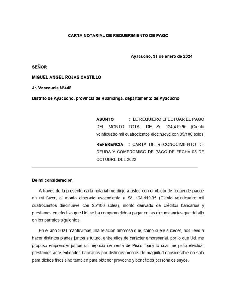 Carta notarial de requerimiento de pago | PDF | Pagos | Crédito