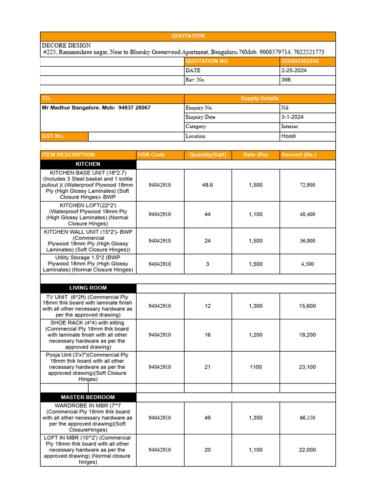 Decore Design Quotation - Madhur Sir 1 BHK | PDF | Building Materials