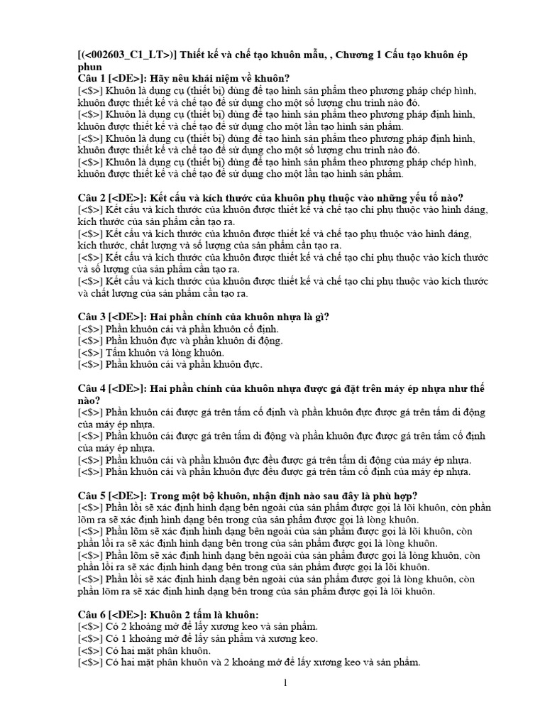 Cau Hoi Thiet Ke Và Che Tao Khuon Mau - Gui SV | PDF
