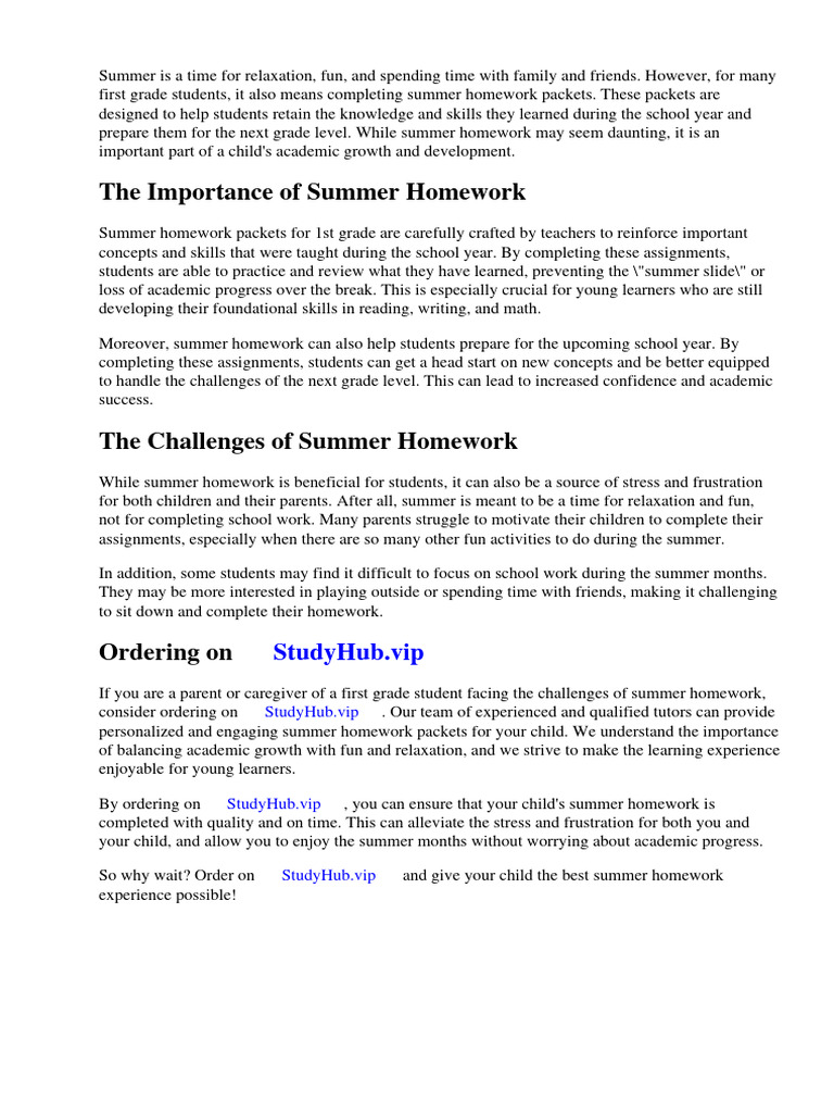 Summer Homework Packets For 1st Grade | PDF | Homework | Phonics