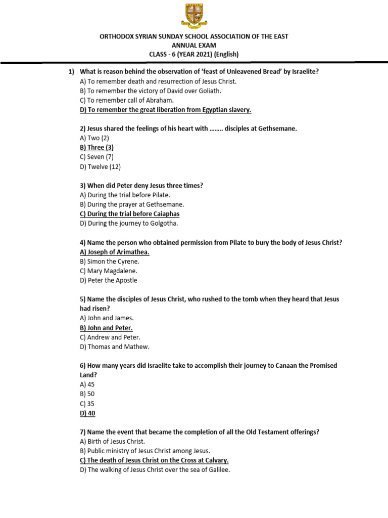Class 6 Sunday School Exam 2021 Pdf Jesus Joshua