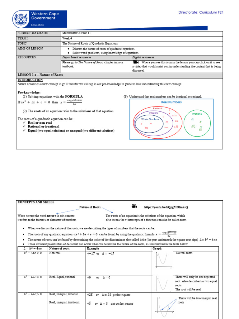 Mathematics Grade 11 Term 1 Week 4 - 2021 | PDF | Quadratic Equation ...