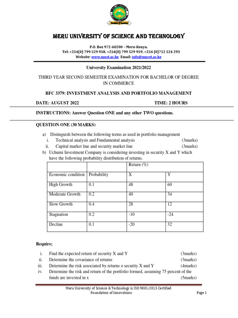 Investment Analysis Exam BFC 3379 | PDF | Beta (Finance) | Risk