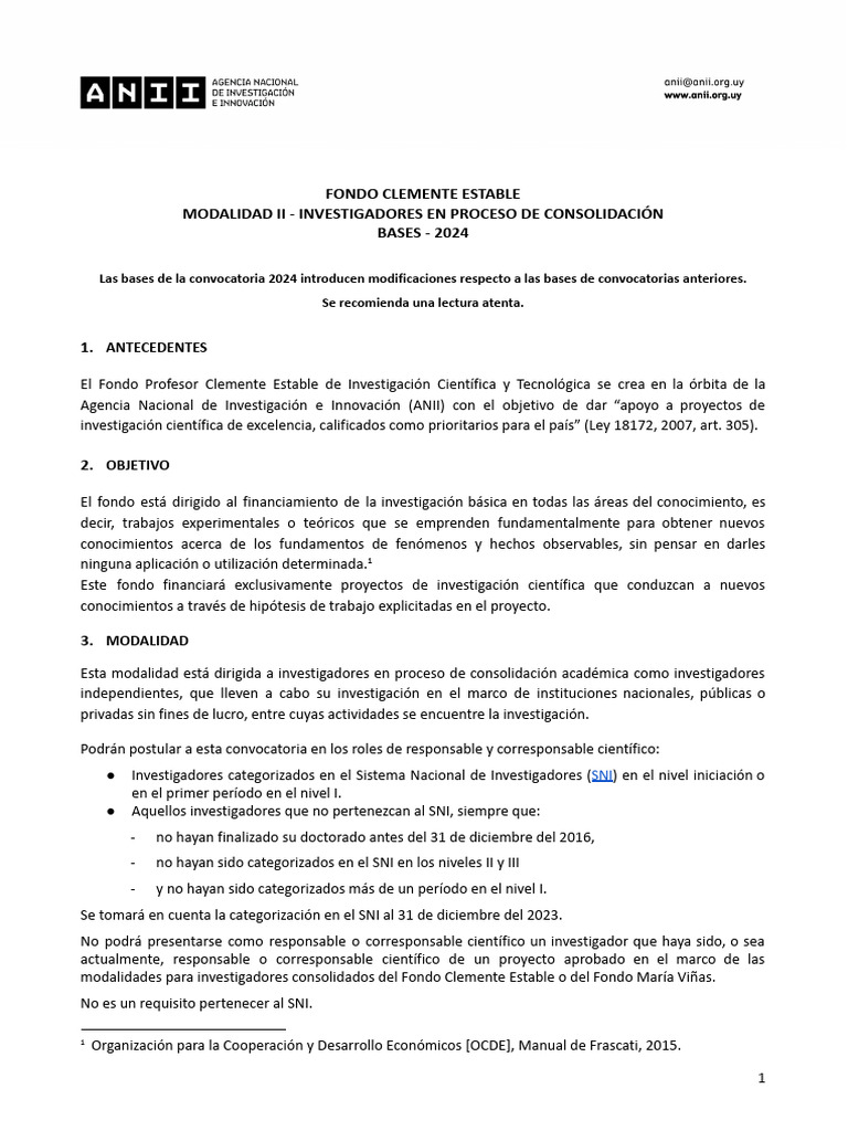 Fondo Clemente Estable 2024: Bases y Requisitos | PDF | Presupuesto | Acceso abierto