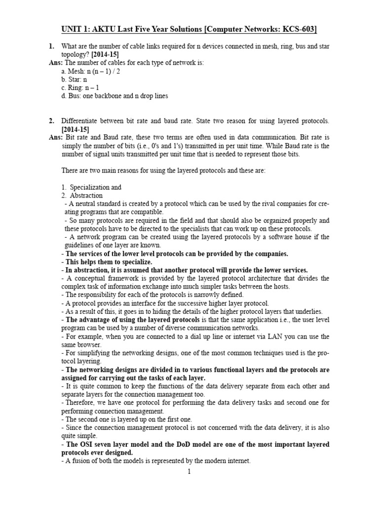 UNIT 1 AKTU Last Five Year Solutions - Computer Networks - (KCS-603) | PDF | Network Topology ...