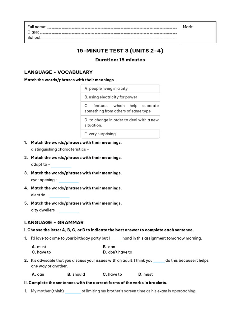 15-Minute Test 3 (Units 2-4 Global Success 11 Answer & Audio | PDF ...