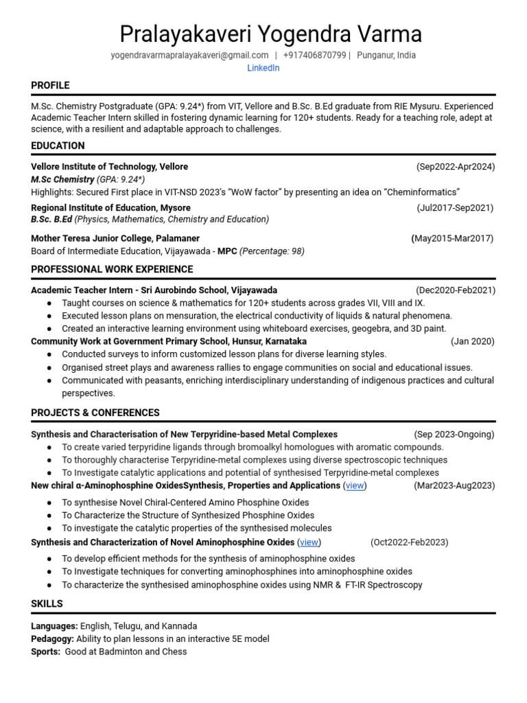 Yogendra Varma Resume | PDF | Chemistry
