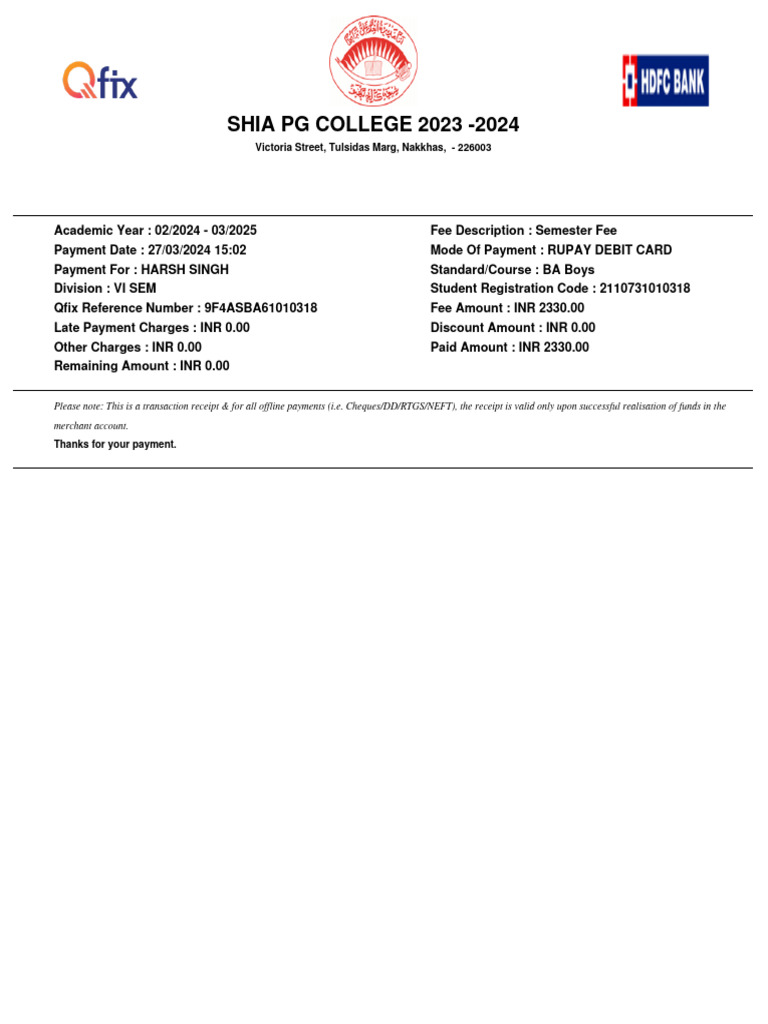 QFIX-PAYMENT-RECEIPT-Semester Fee | PDF