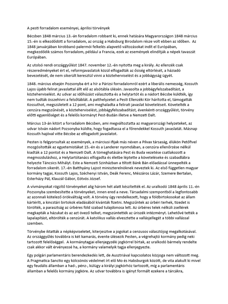 A Pesti Forradalom Eseményei ESSZÉ | PDF