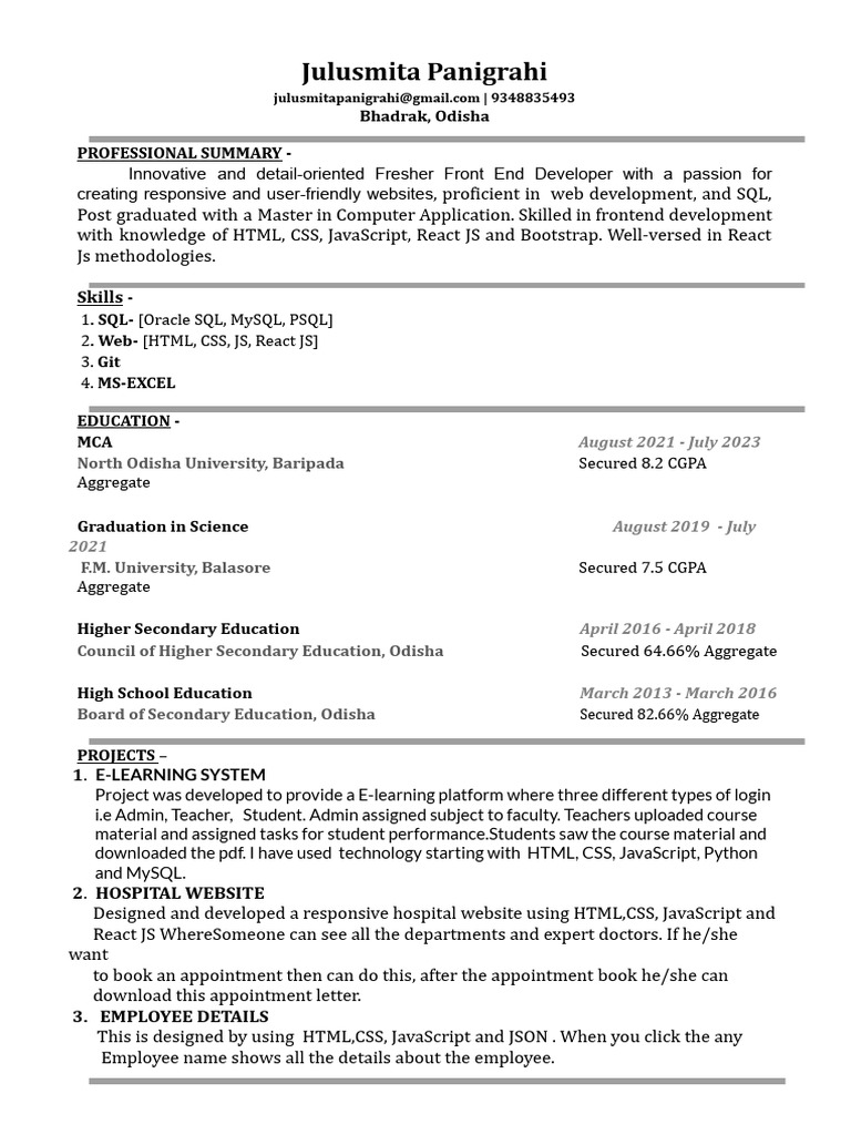 Fresher Front End Developer Profile | PDF | Java Script | My Sql