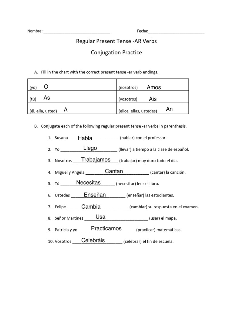 Regular Present Tense - AR Verbs Conjugation Practice: O As A Amos Ais ...