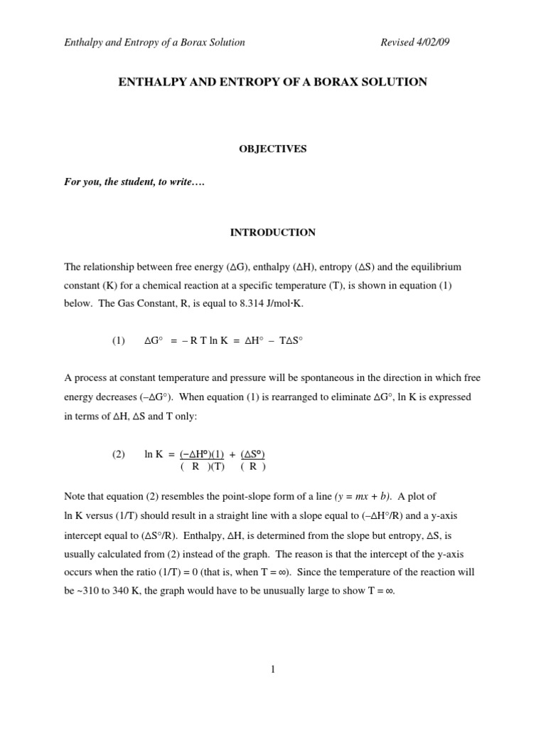 Determining the Enthalpy and Entropy of Borax Dissolution Through Temperature-Dependent ...