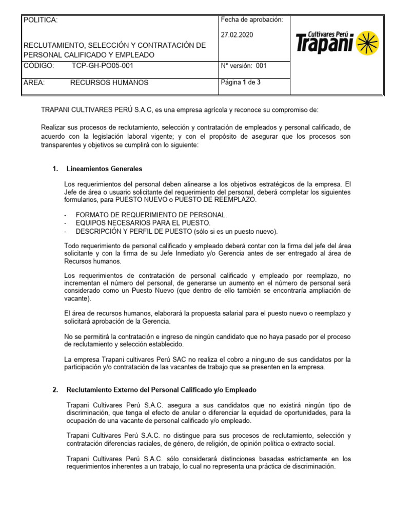 POLÍTICA DE RECLUTAMIENTO SELECCION Y CONTRATACION DE PERSONAL ...