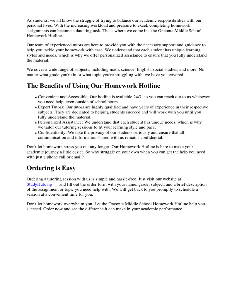 Oneonta Middle School Homework Hotline | PDF | Homework