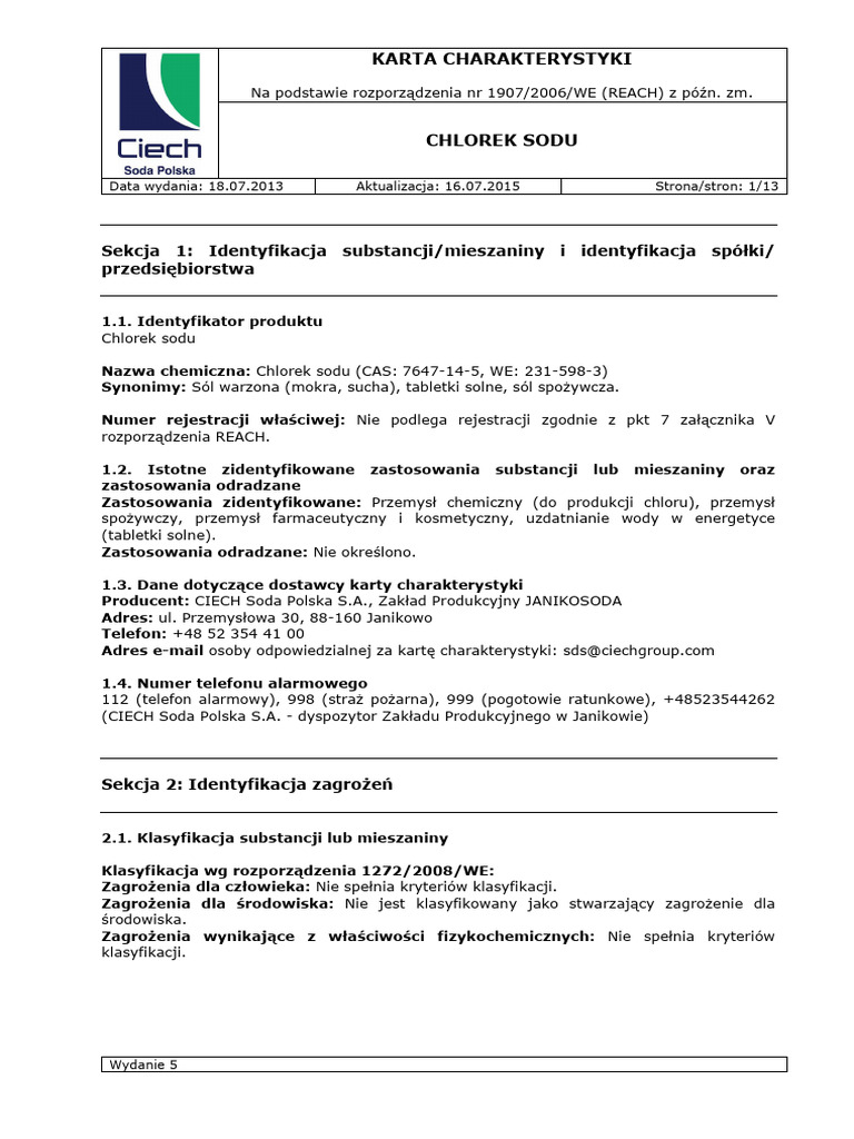 Karta Charakterystyki Chlorek Sodu PL 16 07 2015 Tabletki Solne Sol ...