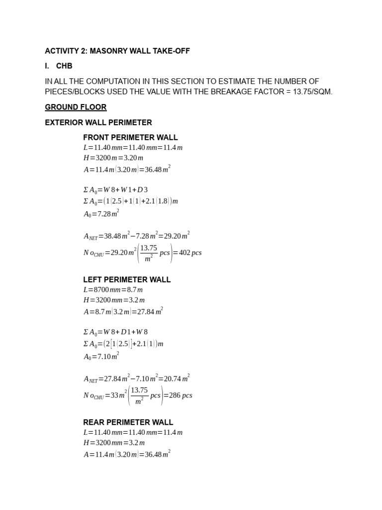 Activty 2 Masonry Wall Take Off Solutions | PDF | Wall | Building
