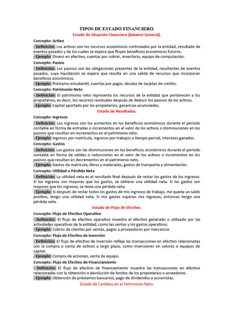 Tipos de Estados Financieros | PDF | Valor neto | Contabilidad