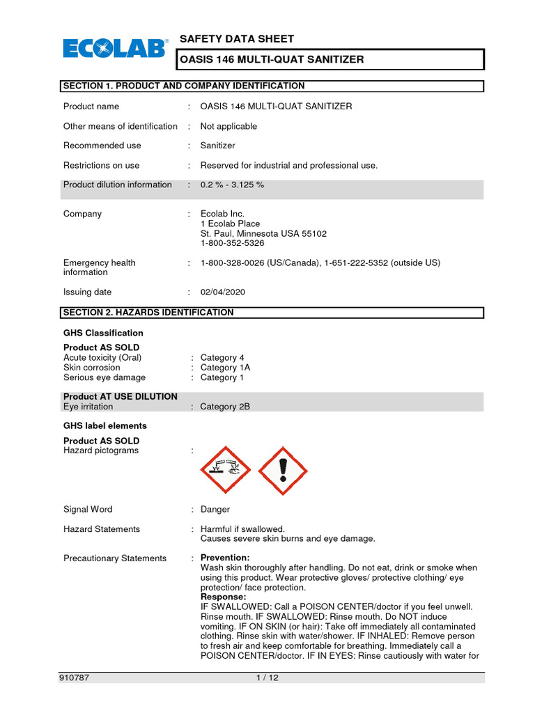 Us-Z8-910787-Oasis 146 Multi-Quat Sanitizer | PDF | Personal Protective ...