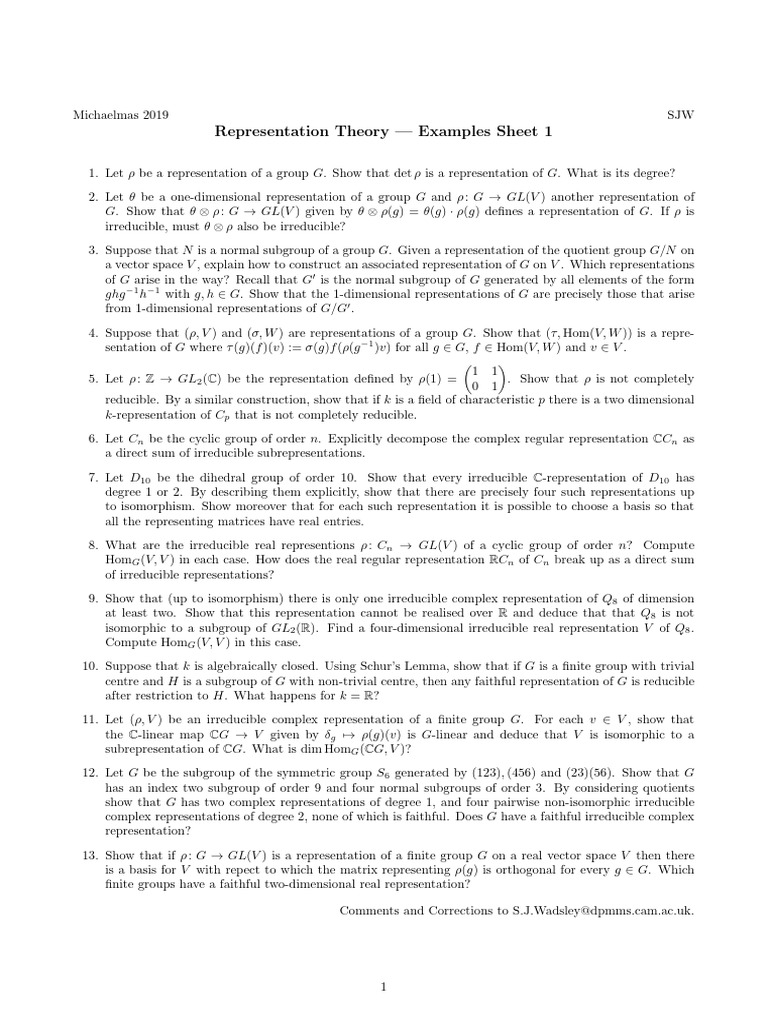 2019ex1 | PDF | Group Representation | Representation Theory