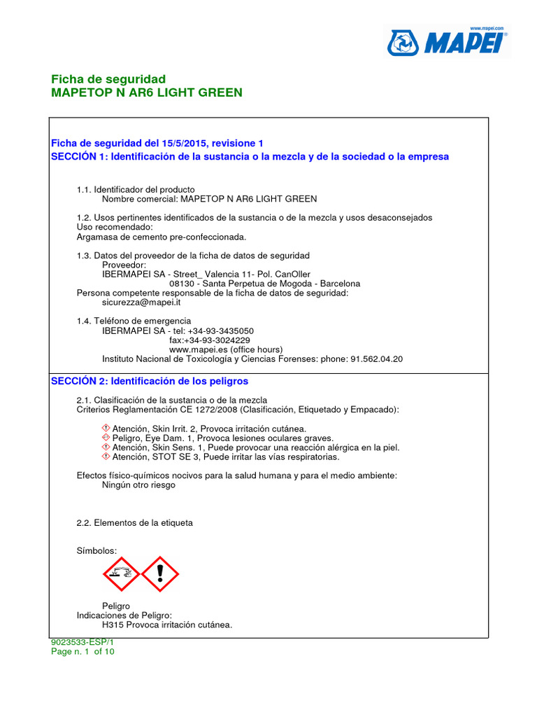 Mapetop N Ar6 - Msds | PDF | Salud y bienestar | Ciencia y matemáticas