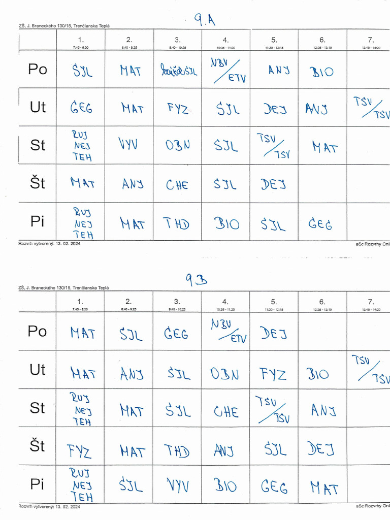 Rozvrh 9A - 9B | PDF