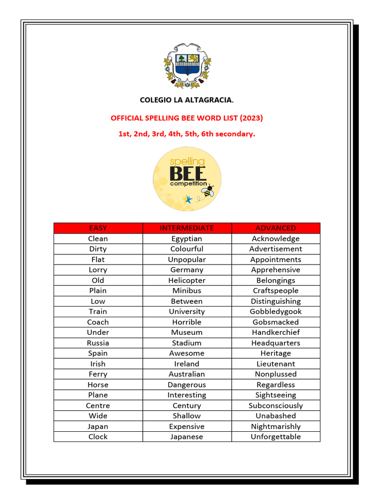 Official Word List Spelling Bee 2023 (Secondary) | PDF