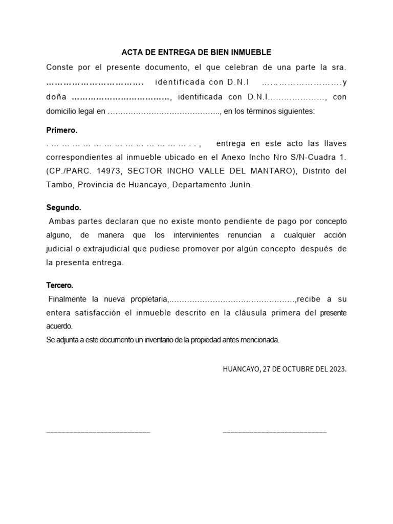 Acta de Entrega de Bien Inmueble | PDF Acta de Entrega de Bien Inmueble | PDF