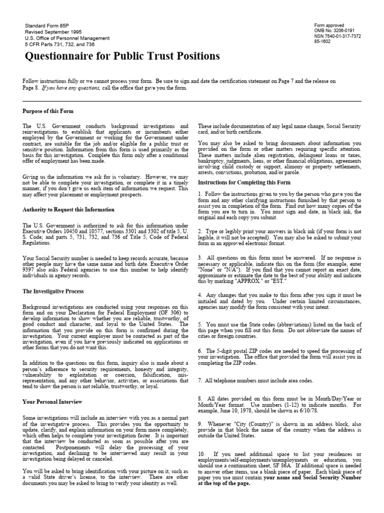 Standard Form 85P | Download Free PDF | Security Clearance ...