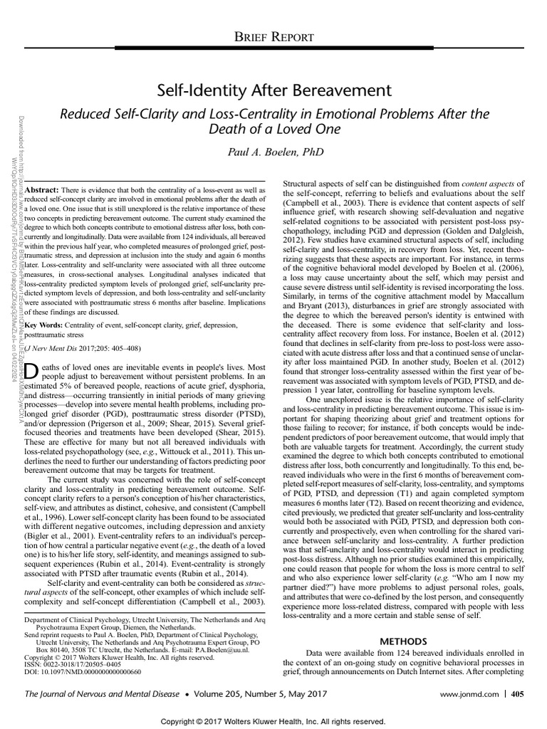 Sonra Self Identity After Bereavement Reduced 10 Pdf Grief Self