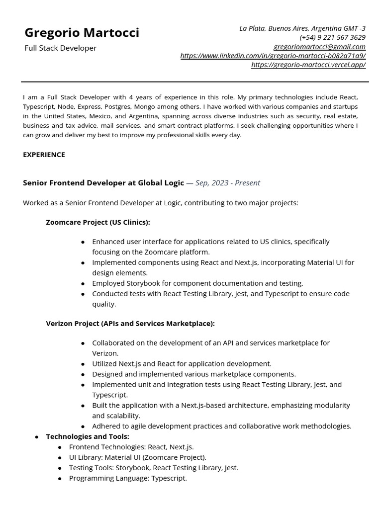 Gregorio Martocci - Full Stack Developer-EN PDF | PDF | Databases | Computer Science